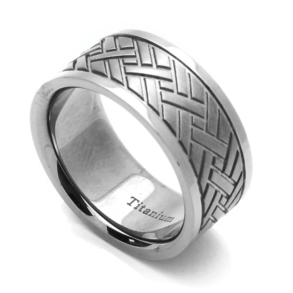 9MM Comfort Fit Titanium Wedding Band Herringbone Patterned Flat Ring ...