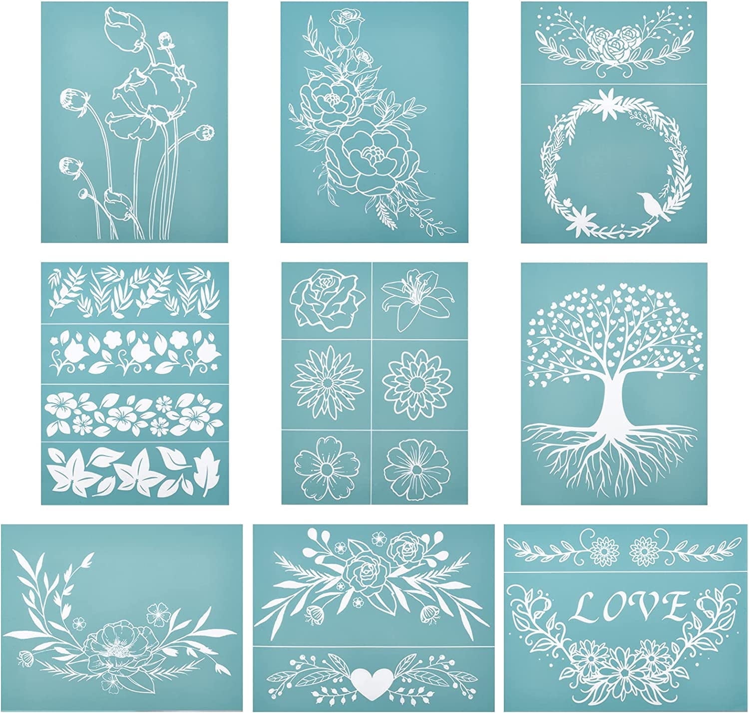 9PCS 11x8.6 Inch Self-Adhesive Silk Screen Printing Stencil Set Floral ...