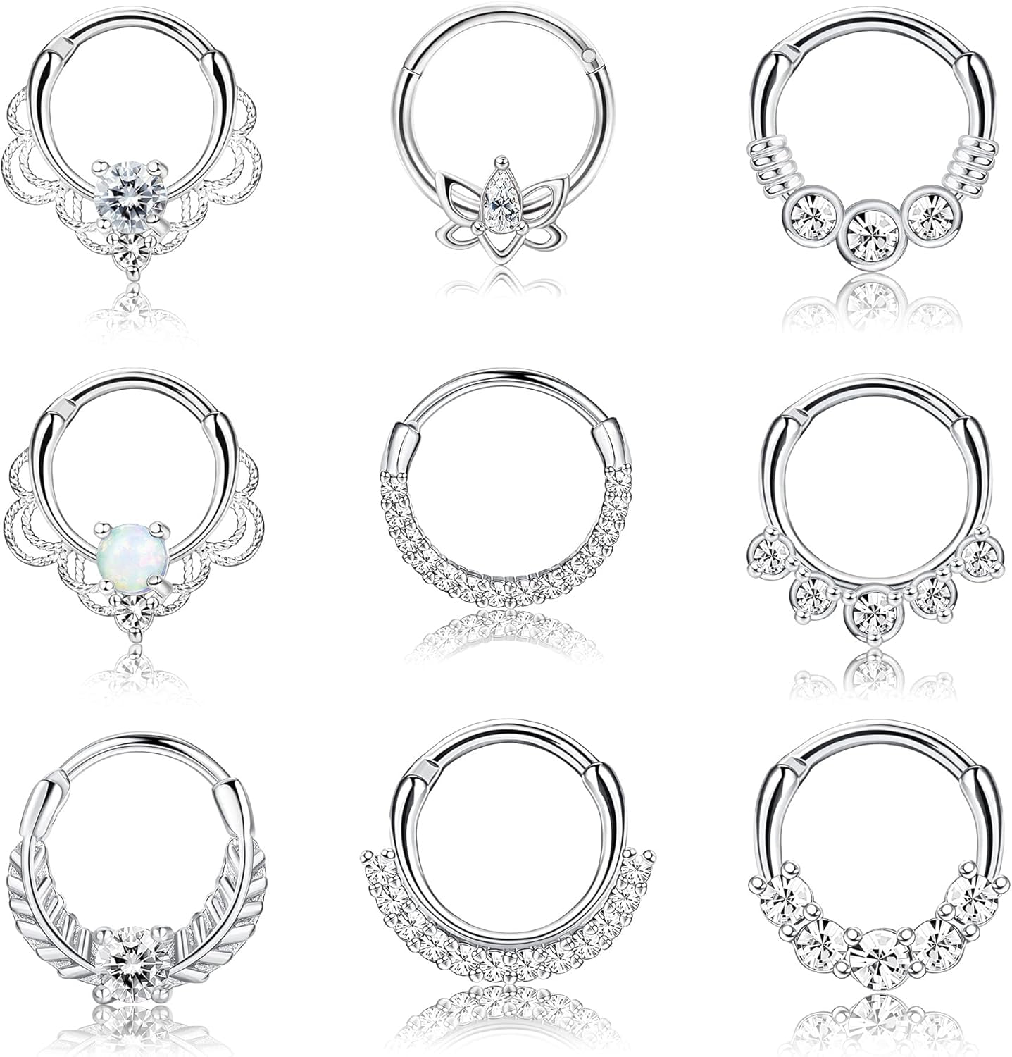 9PCS 16G Septum Rings Opal Daith Earrings Hoop Nose Rings 316L ...