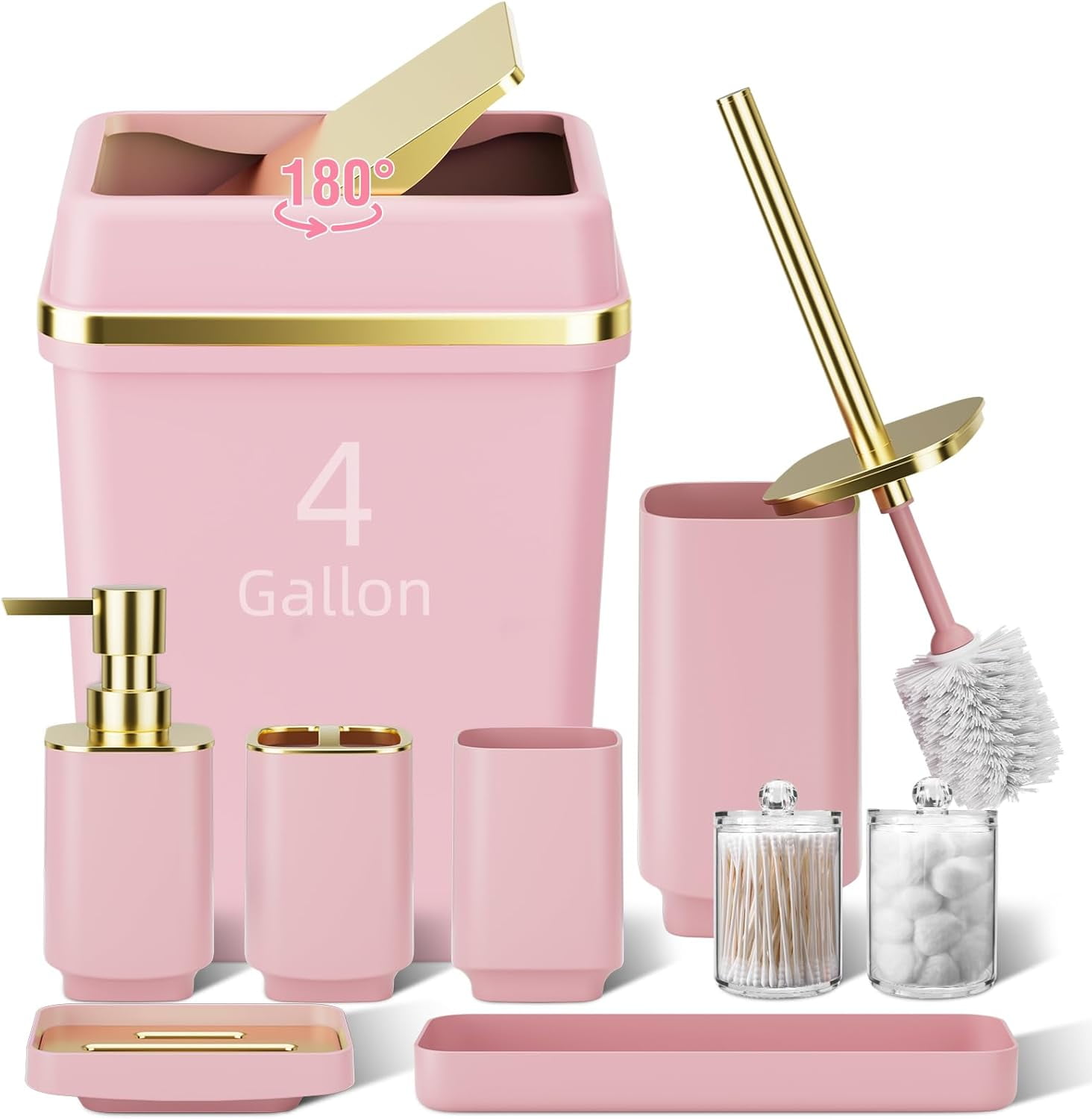 9PCS Bathroom Accessory Set, Pink Set with Large-Capacity 4 Gallon ...