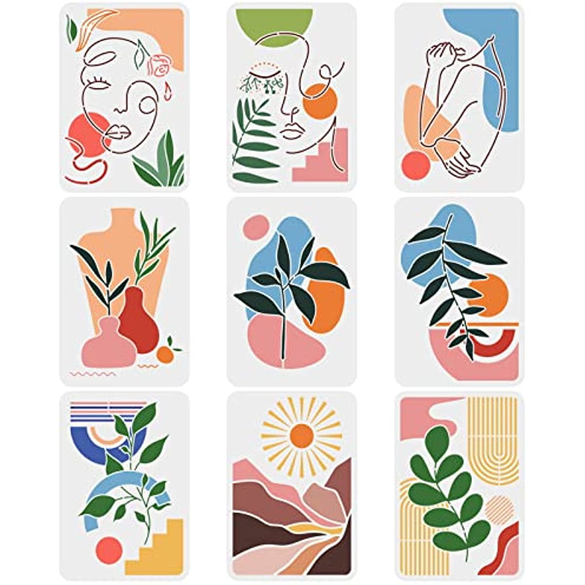 9PCS Boho Sunrise Stencil Abstract Art Stencils Large Reusable Tropical ...
