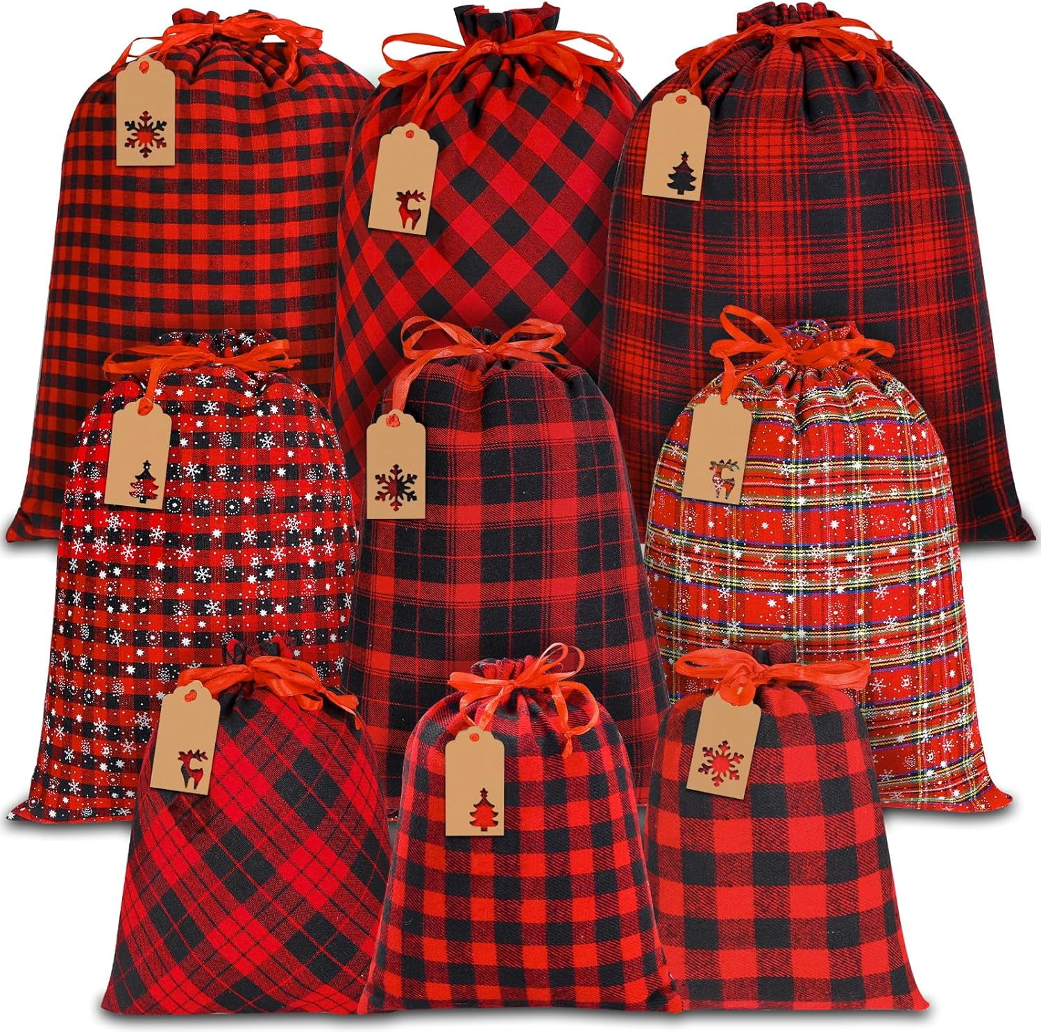 9PCS Christmas Drawstring Bags Cotton Buffalo Plaid Bags Sacks Xmas Red ...