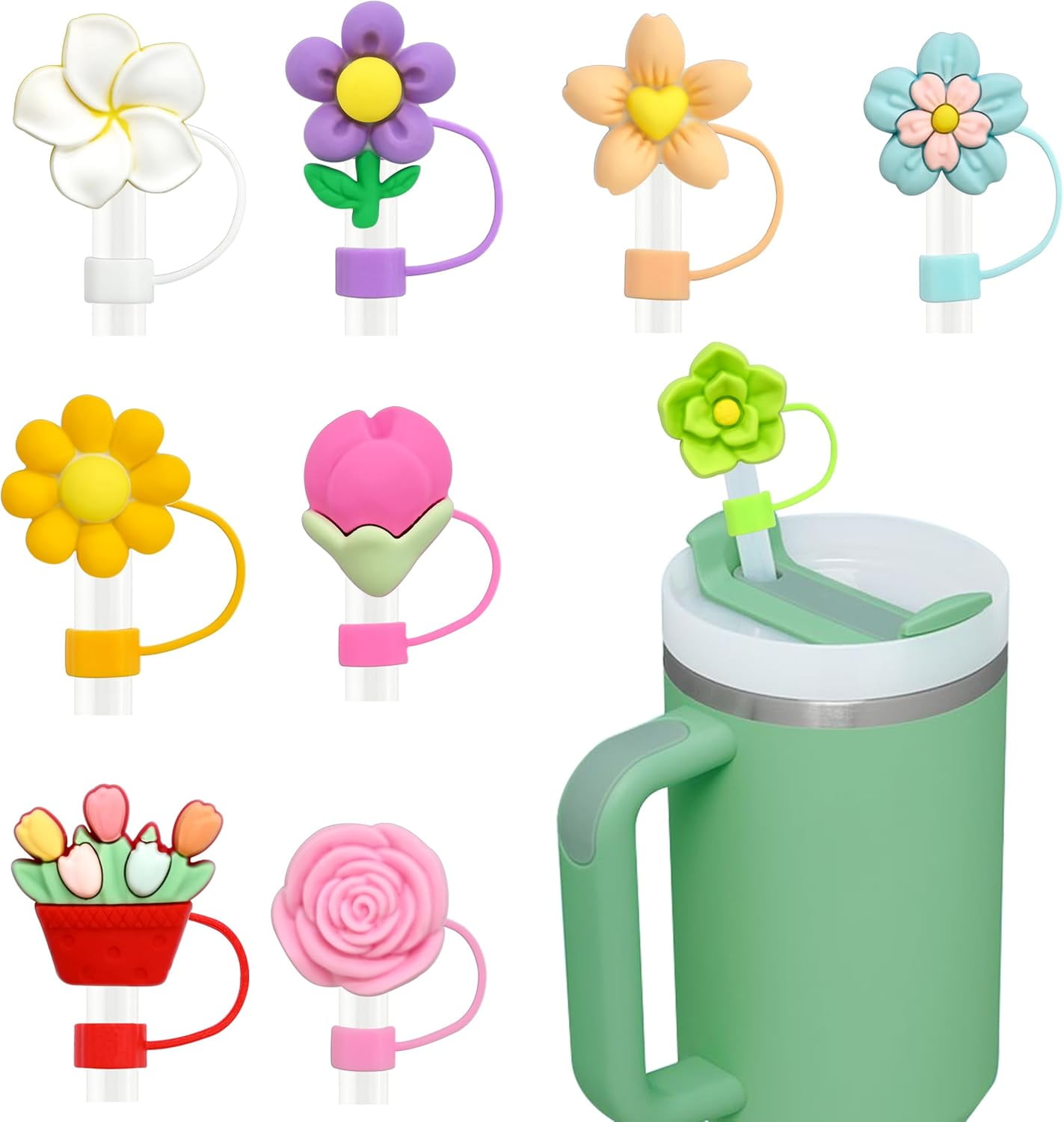 9PCS Colorful Flower Straw Cover Cap for Stanley Cup 40oz Cute Tumbler ...