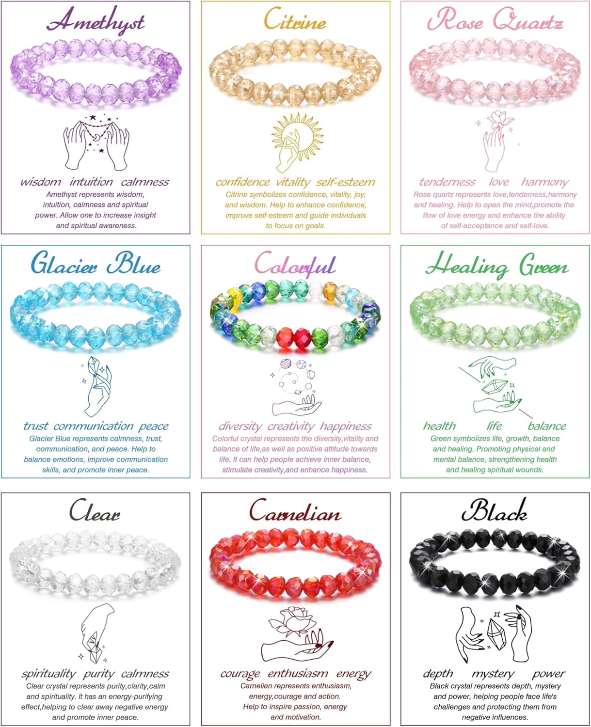 9PCS Crystal Bead Fine Bracelets for Women Colorful Sparkling Boho ...