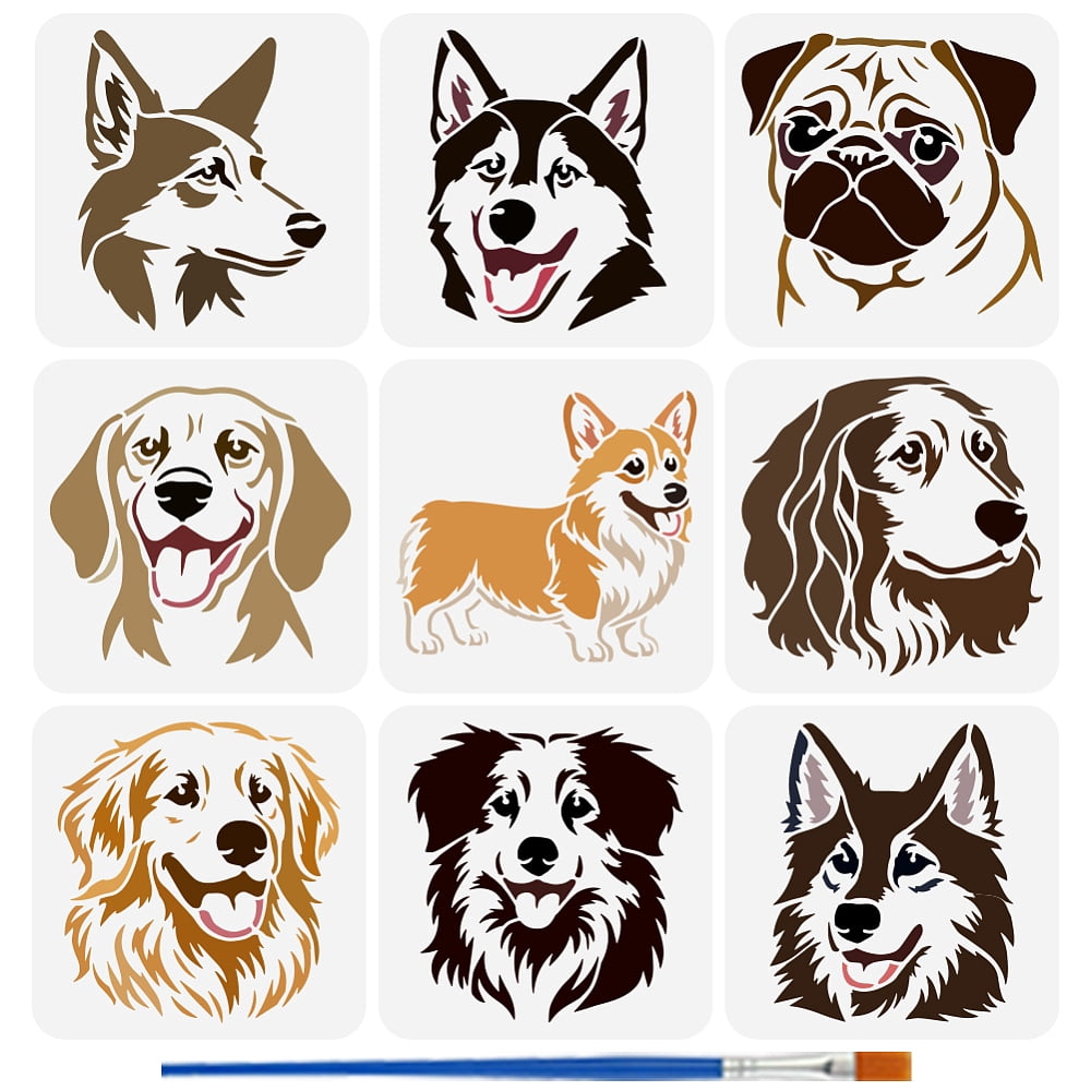 9PCS Dogs Stencils with 1Pc Plastic Paint Brush 7.87x7.87inch Pet Dog ...