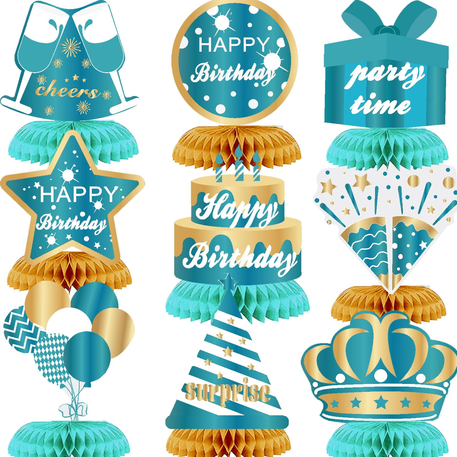 9PCS Lake Blue Gold Happy Birthday KKS1 Decorations Honeycomb Happy ...