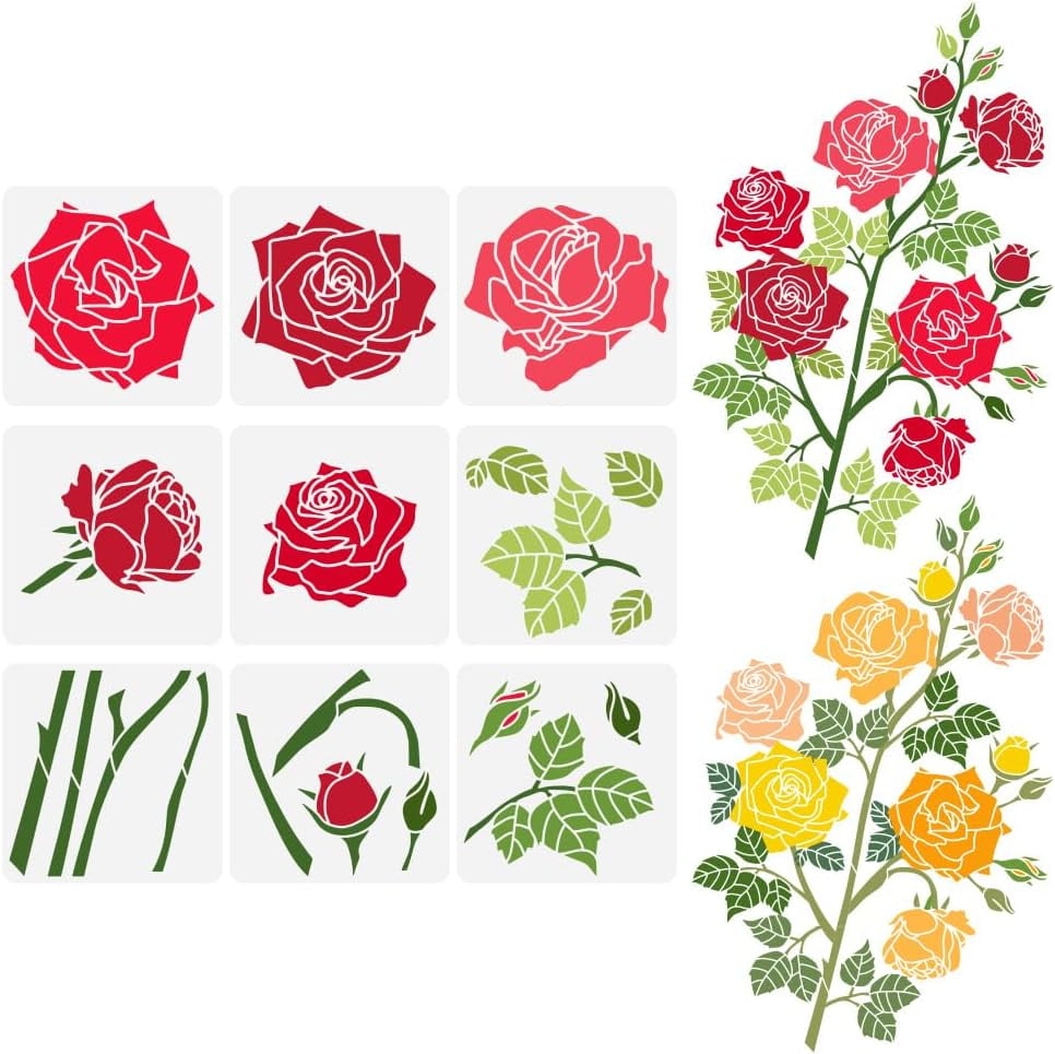 9PCS Large Rose Stencil for Painting 11.8x11.8 inch Rose Flower Stencil ...