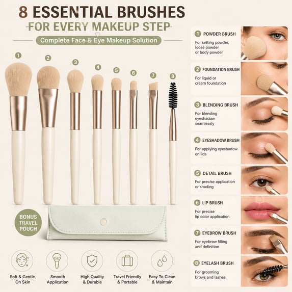 9PCS Makeup Brush Set with Travel Case, 8-Piece Ivory White Face & Eye ...