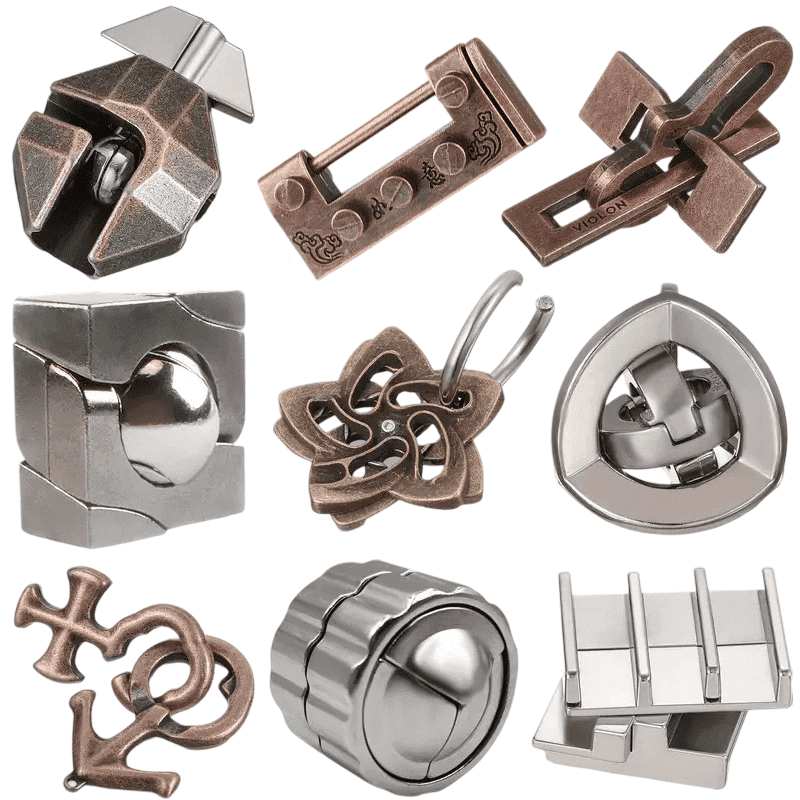 9PCS Metal Brain Teaser Puzzle Set, 3D Steel Interlocking IQ Puzzles ...