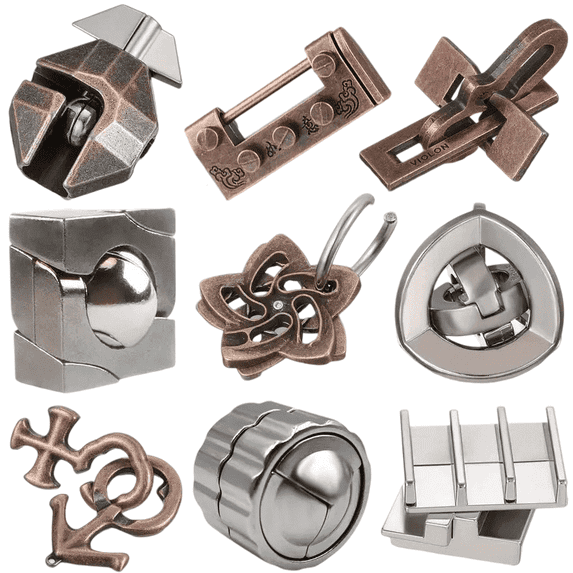 9PCS Metal Brain Teaser Puzzle Set, 3D Steel Interlocking IQ Puzzles ...