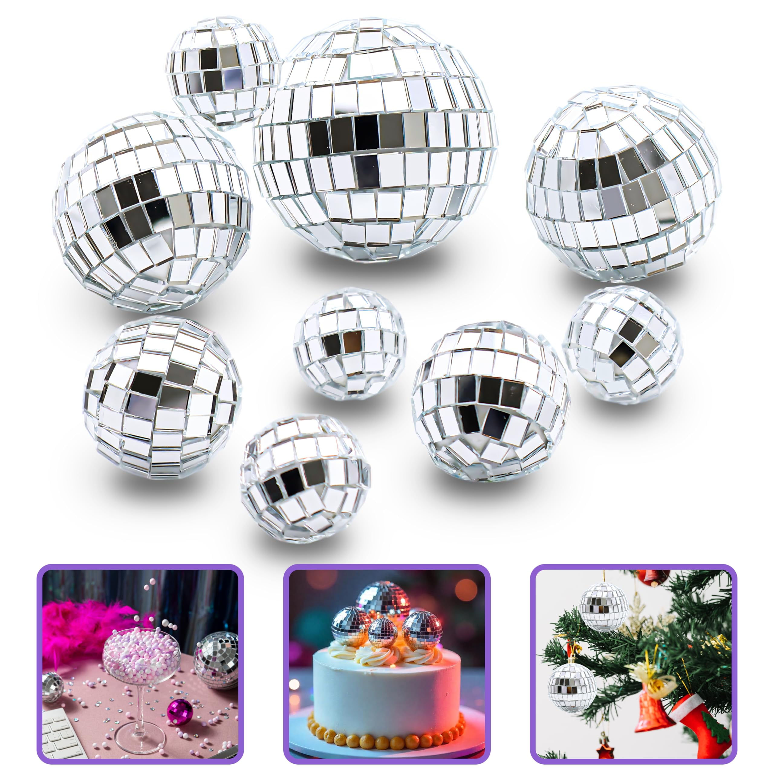 9PCS Mini Disco Balls Cake Toppers - H2FSD4 Sizes Silver Reflective ...