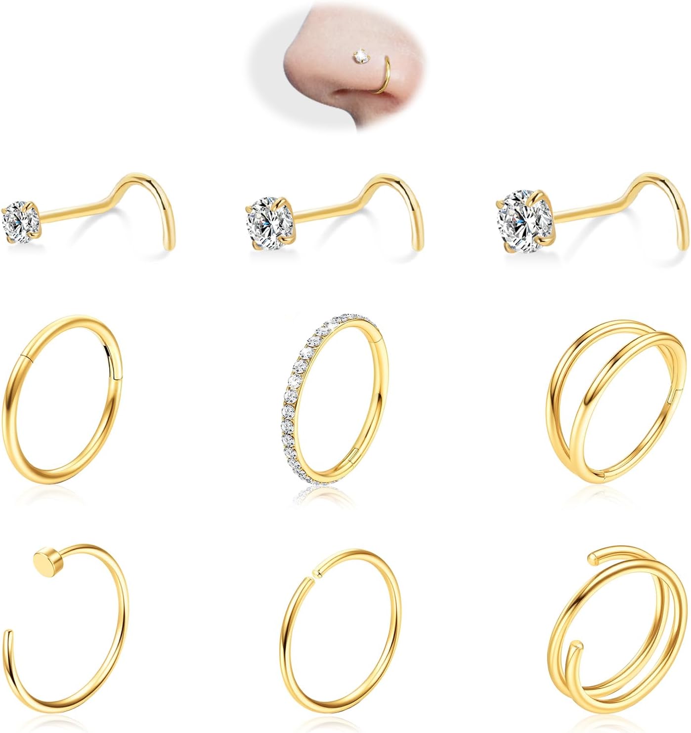 9PCS Nose Ring Hoop - 18G 20G Nose Studs Sets 14K Gold Plated Screw ...