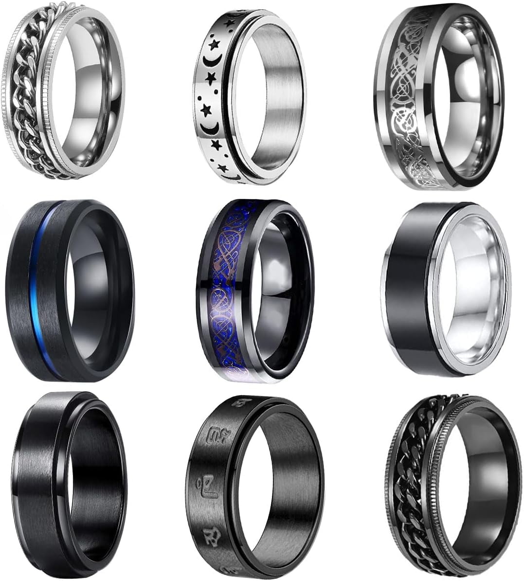 9PCS Stainless Steel Rings for Men Black Rings Pack Band Rings for Men ...