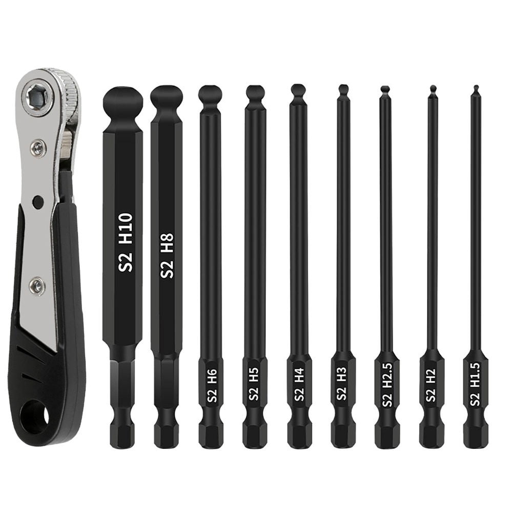 9Pc Ball End Hex Drill Bit 100mm Hexagonal shank Magentic With Ratchet ...
