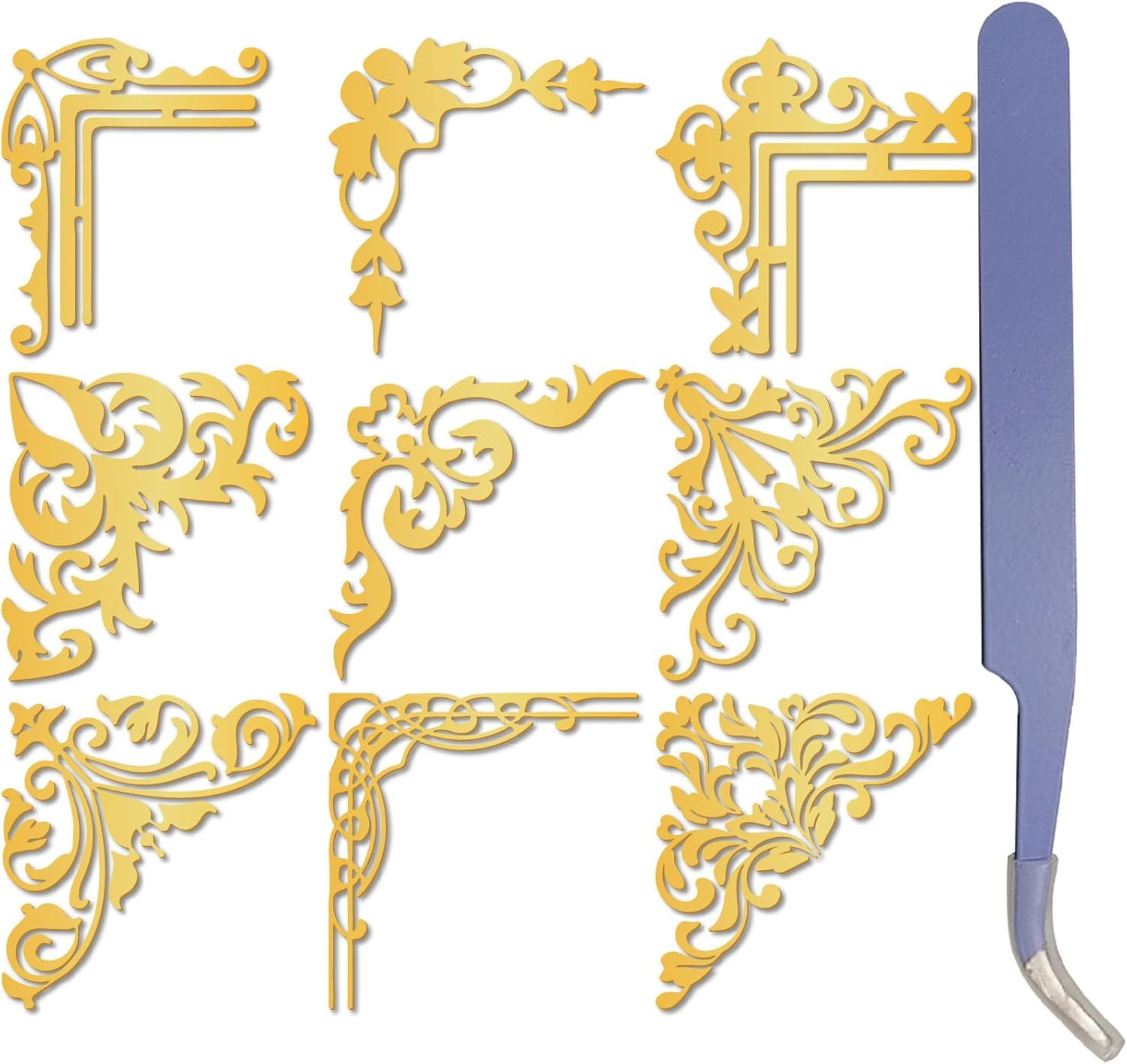 9Pcs 1.6x1.6 Floral Border Sticker Gold Metal Stickers with Tweezer ...
