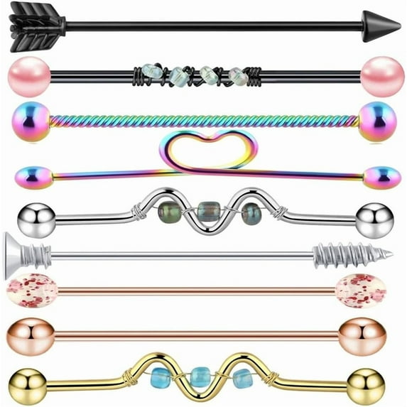 9Pcs 14G Stainless Steel Industrial Barbell Cartilage Earrings Mix ...