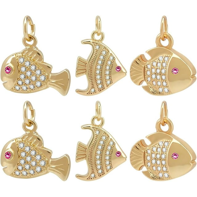 9Pcs 3 Styles Cubic Zirconia Fish Charms 18K Gold Plated Summer Sea ...