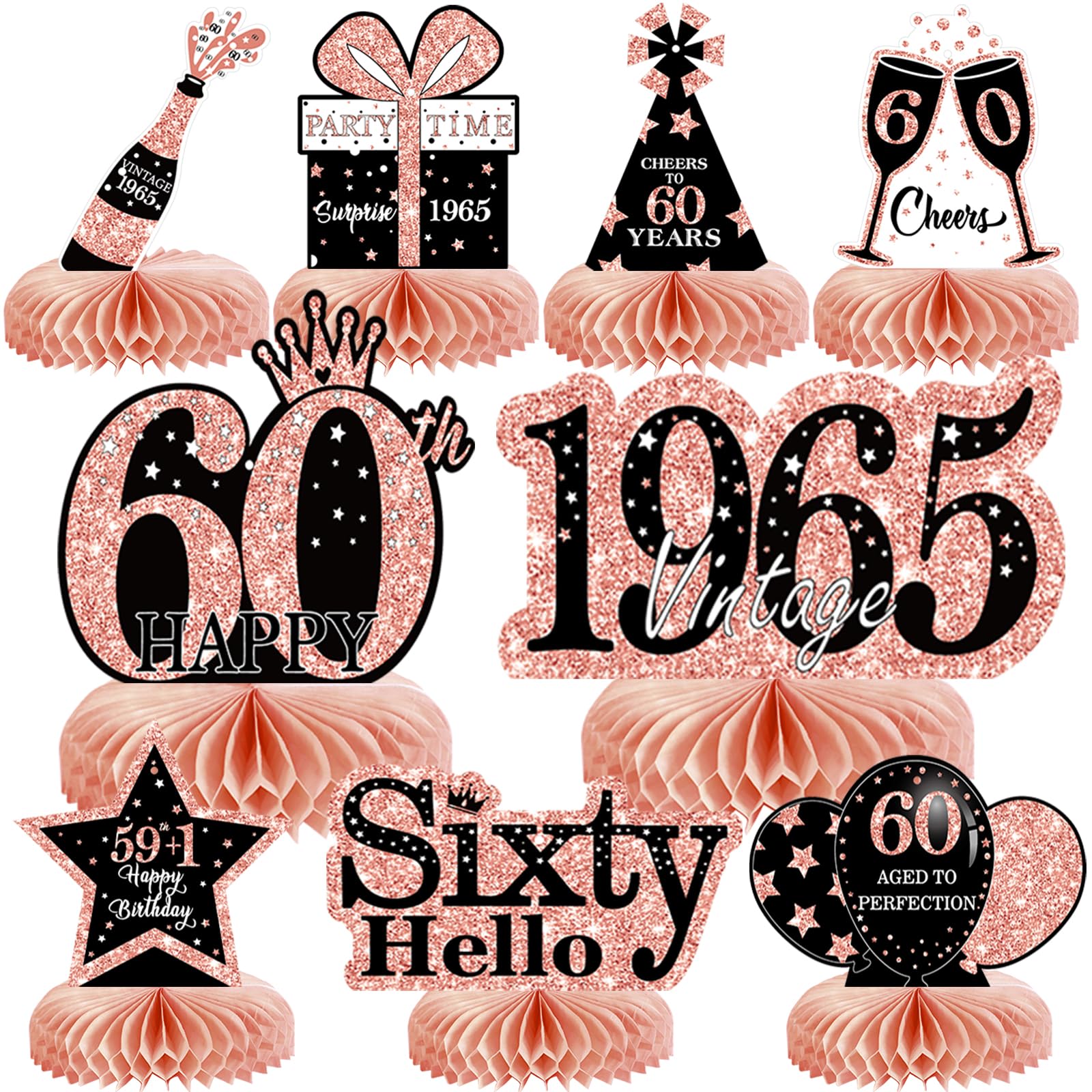 60th Birthday Table Decorations 9Pcs, Rose Gold Pink Honeycomb nterpies ...