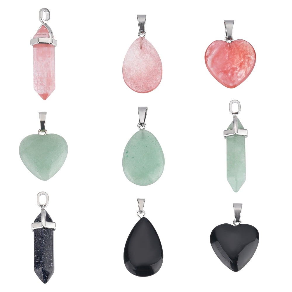 9Pcs 9 Style Natural Mixed Gemstone Pendants with Brass Alloy Findings ...