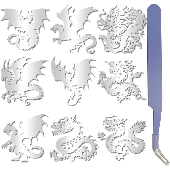9Pcs 9 Styles Dragon Sticker Dragons Decal Silver Metal Waterproof Self ...