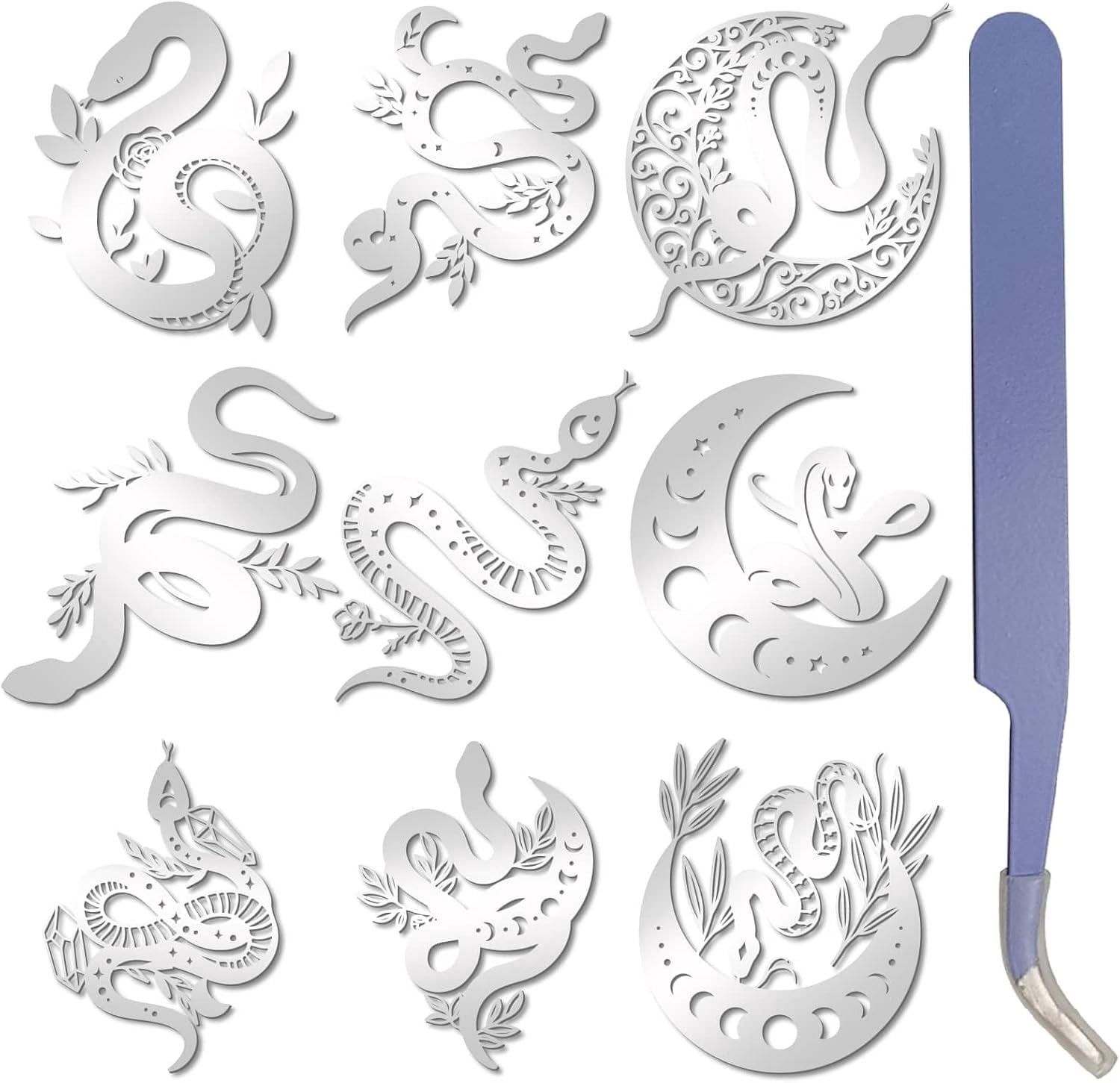 9Pcs 9 Styles Snake Decals Snakes Stickers Silver Metal Waterproof Self ...