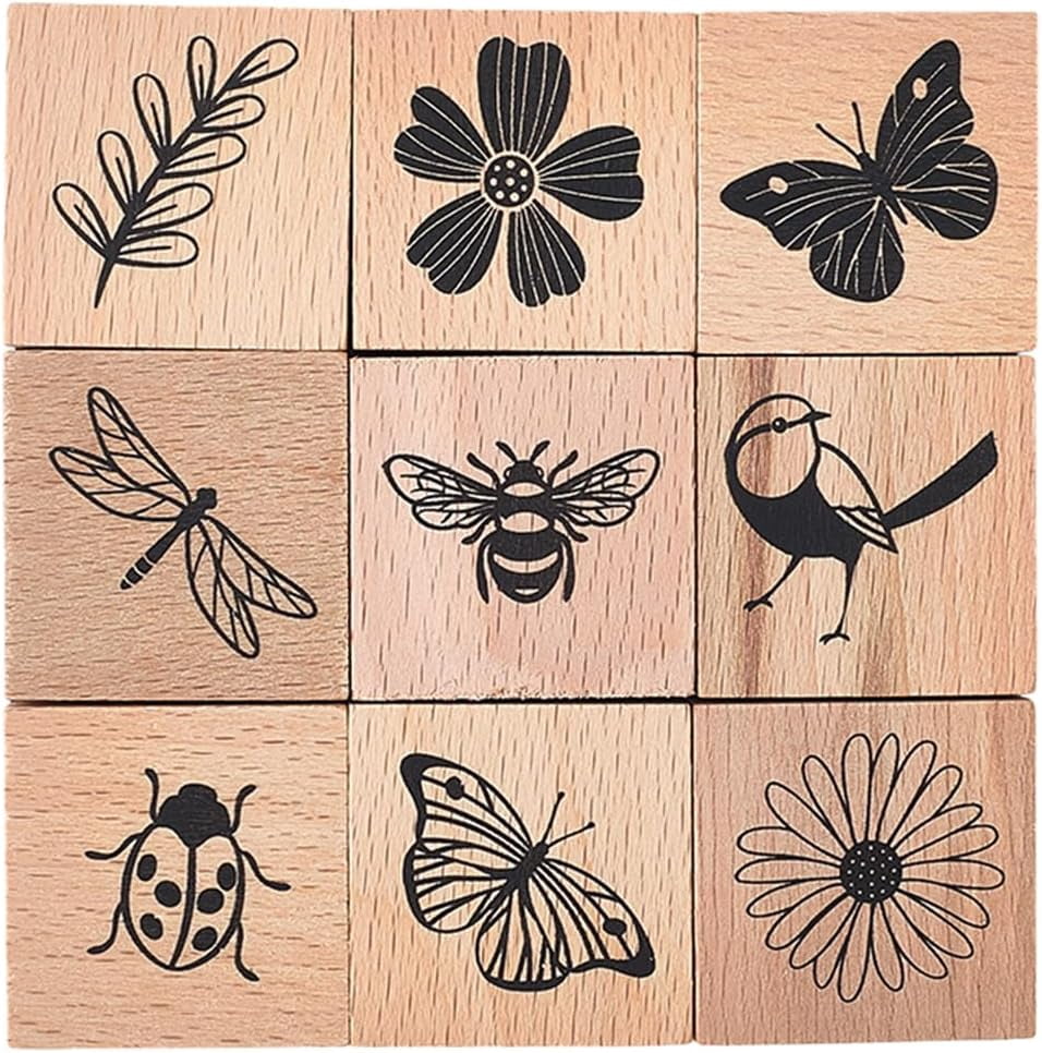 9Pcs 9 Styles Square Wooden Rubber Seal Stamp Floral and Insect Indian ...