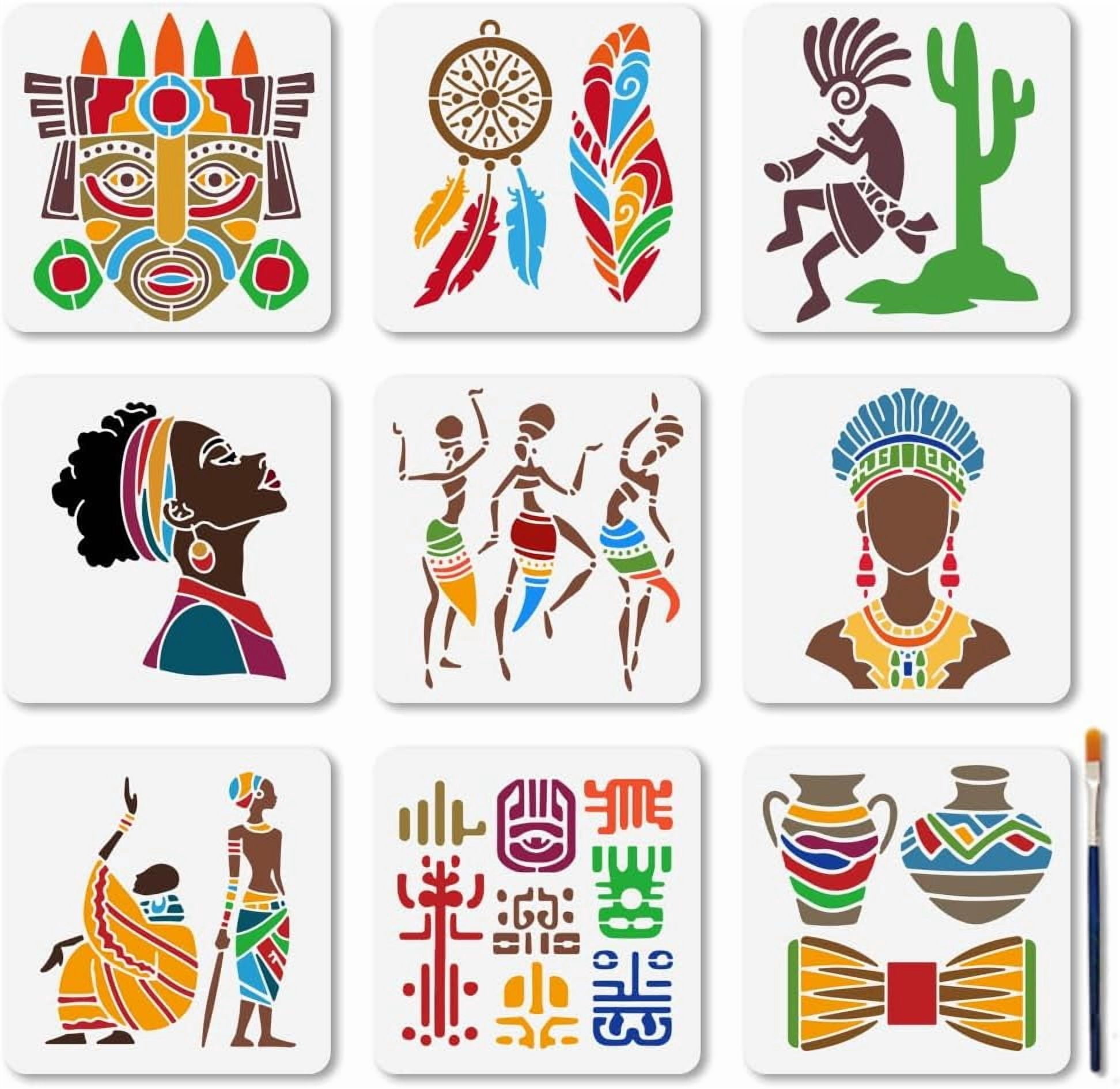9Pcs African Tribe Stencil Set 5.9×5.9inch Old Primitive Totem Painting ...