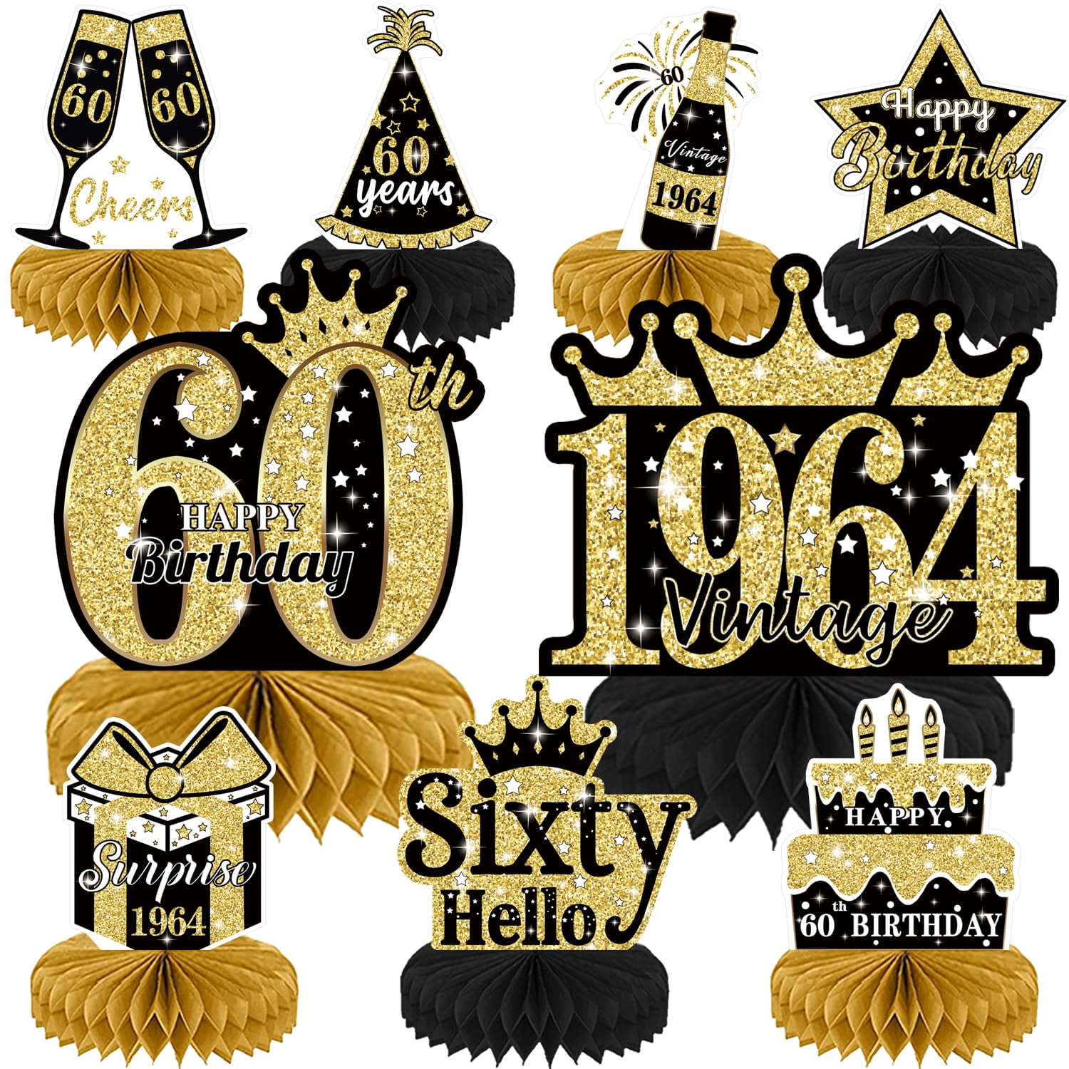9Pcs Black Gold 60th YPF5 Birthday Decorations Honeycomb Centerpieces ...