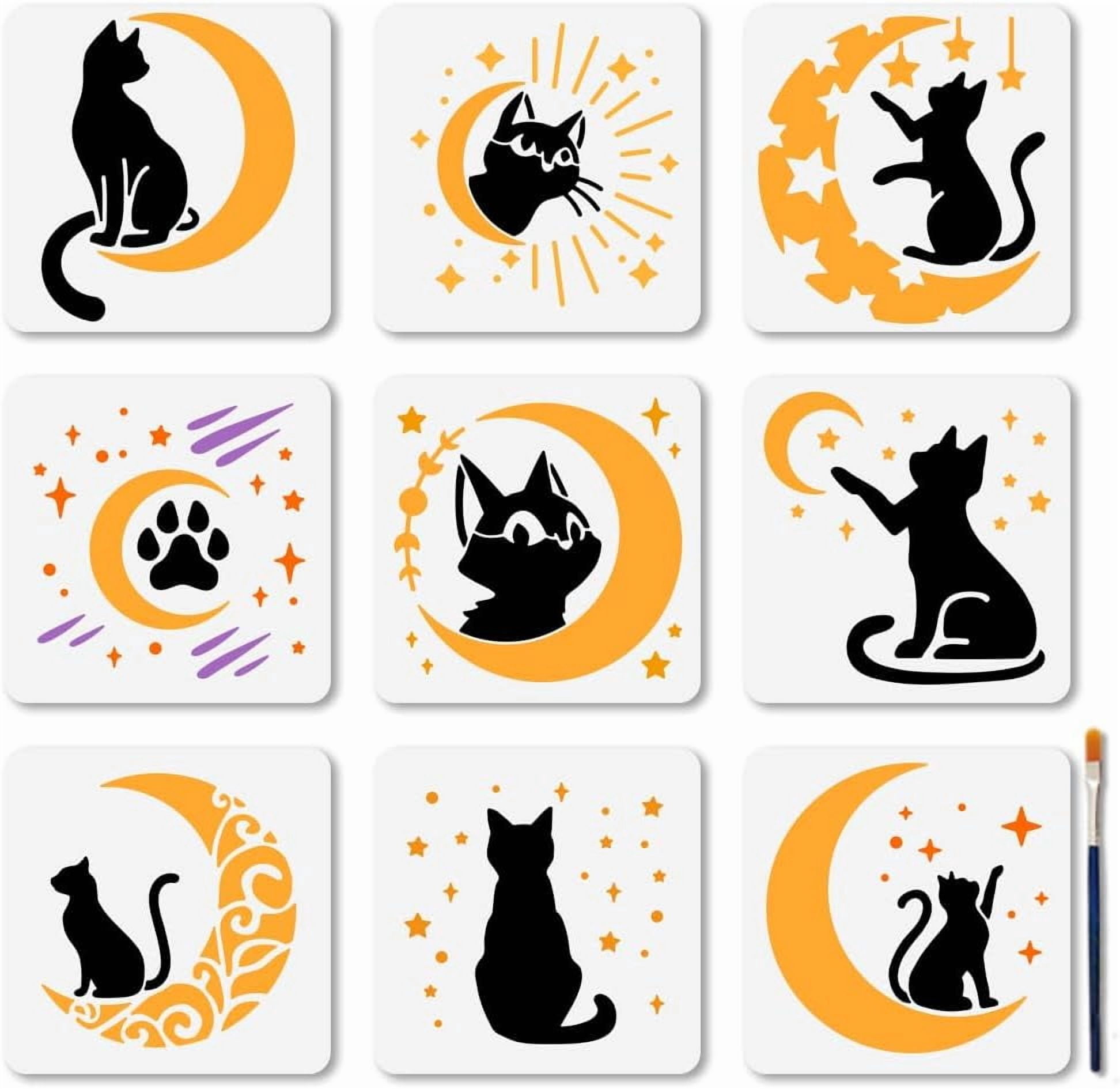9Pcs Cat on The Moon Stencil Set 5.9×5.9inch Starry Night Sky Painting ...