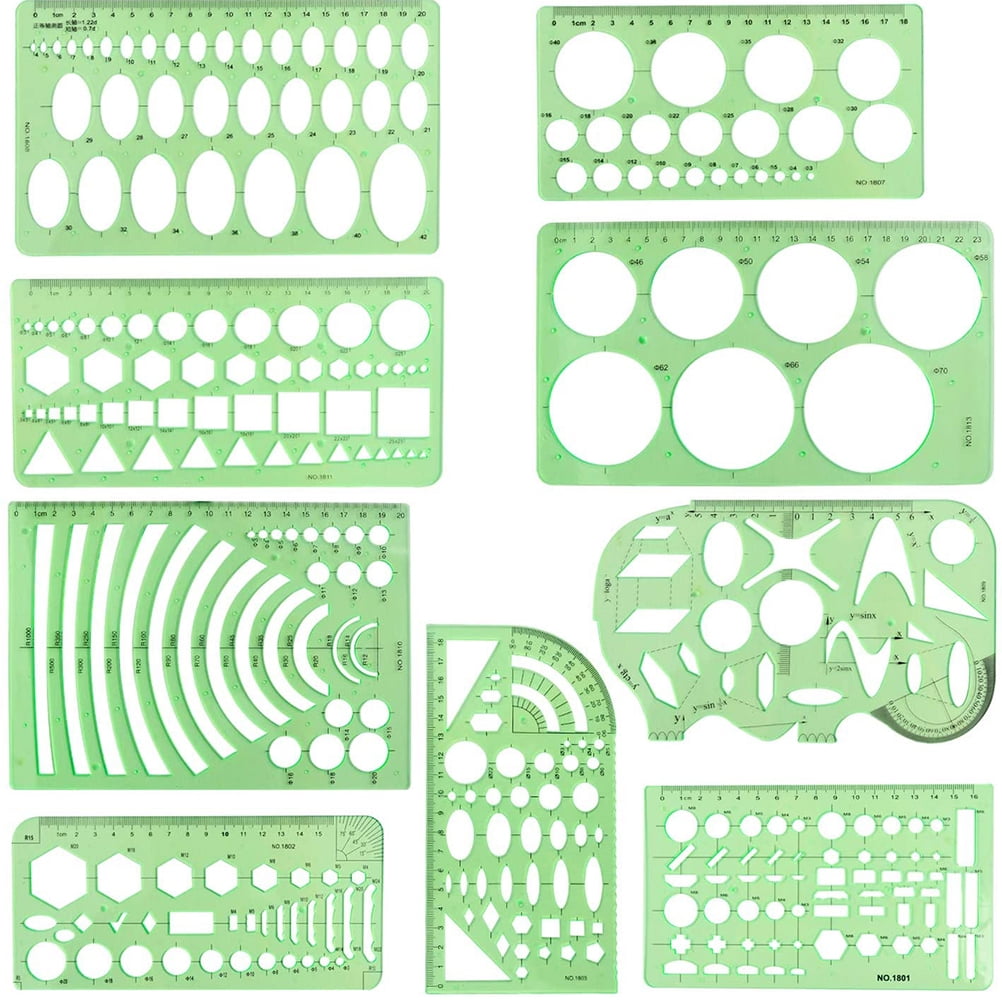 9Pcs Drawings Templates Measuring Geometric Rulers Plastic Draft Rulers ...