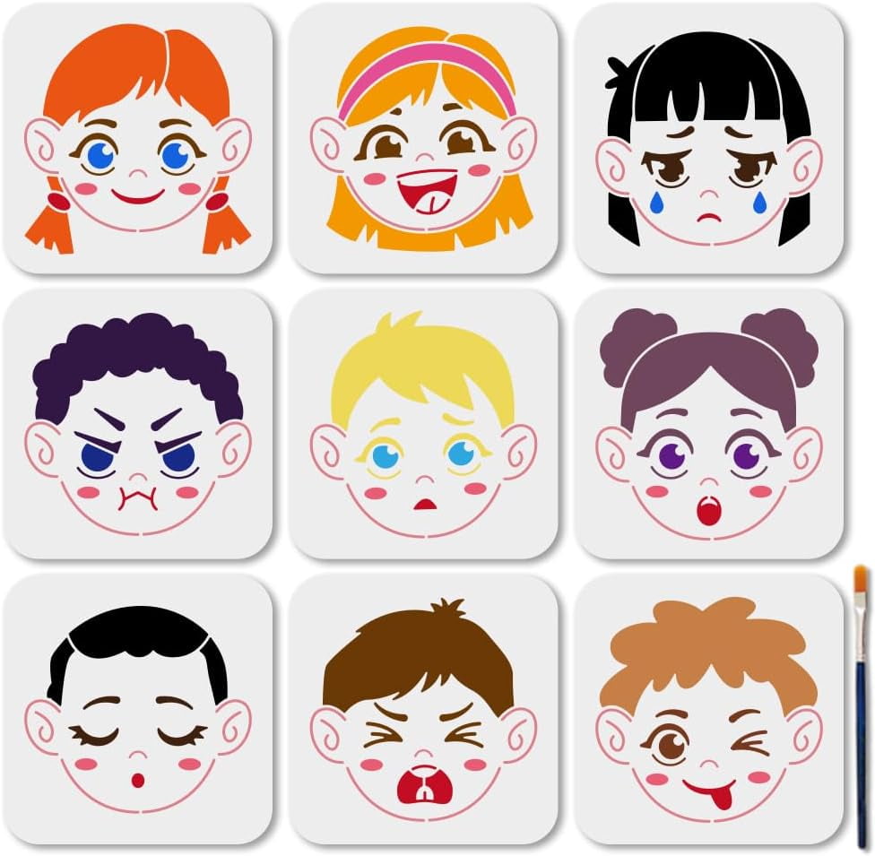 9Pcs Emotion Image Stencil Happy Sad Surprised Face Craft Stencils 6× ...