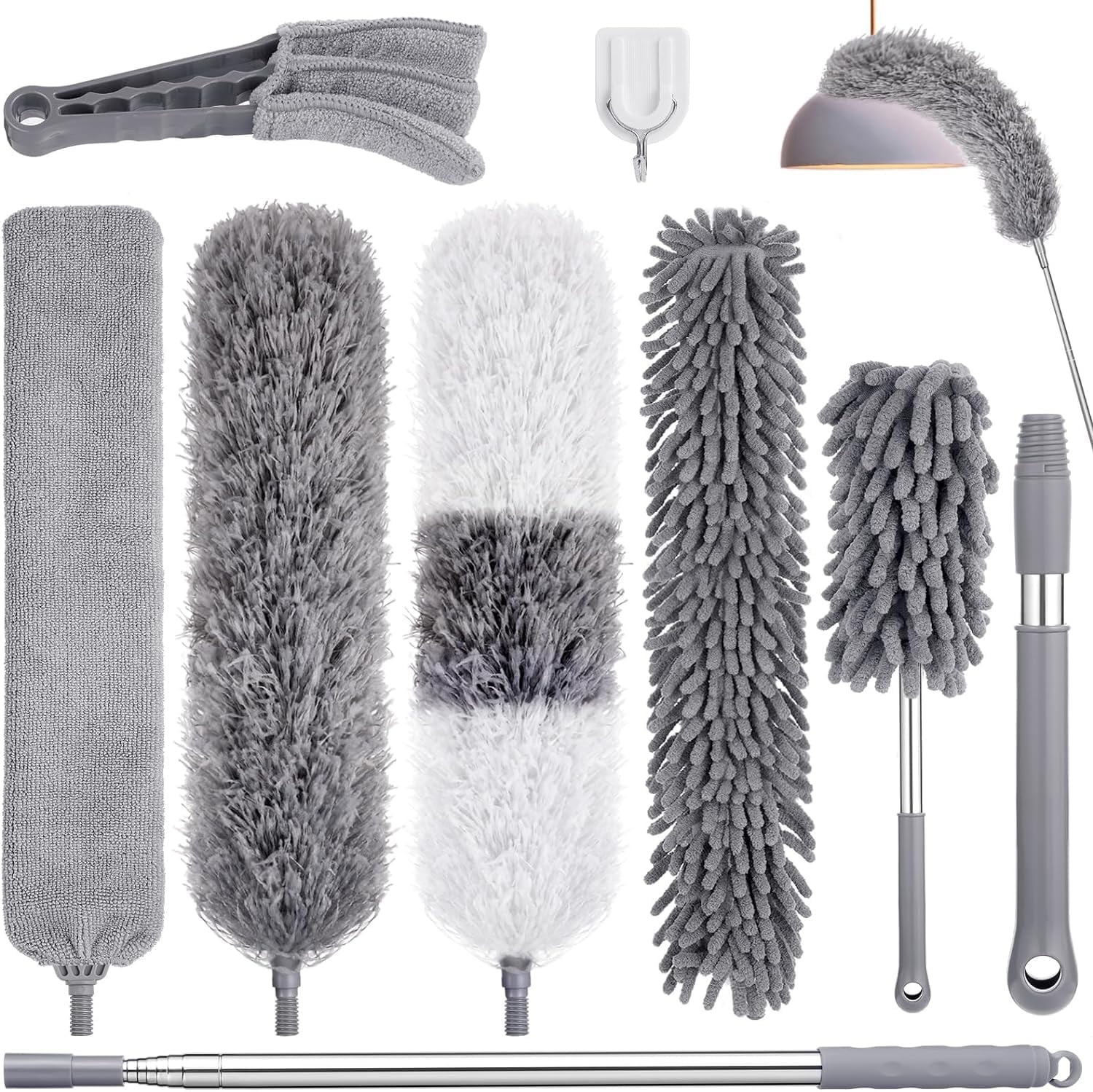 9Pcs Feather Duster with Extension Pole Up to 100'',Extendable Bendable ...