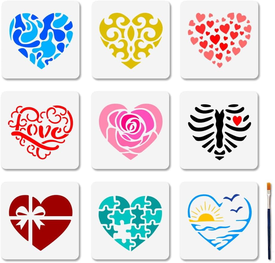 9Pcs Floral Heart Stencils 7.9×7.9inch Love Gift Box Heart Rose Stencil ...
