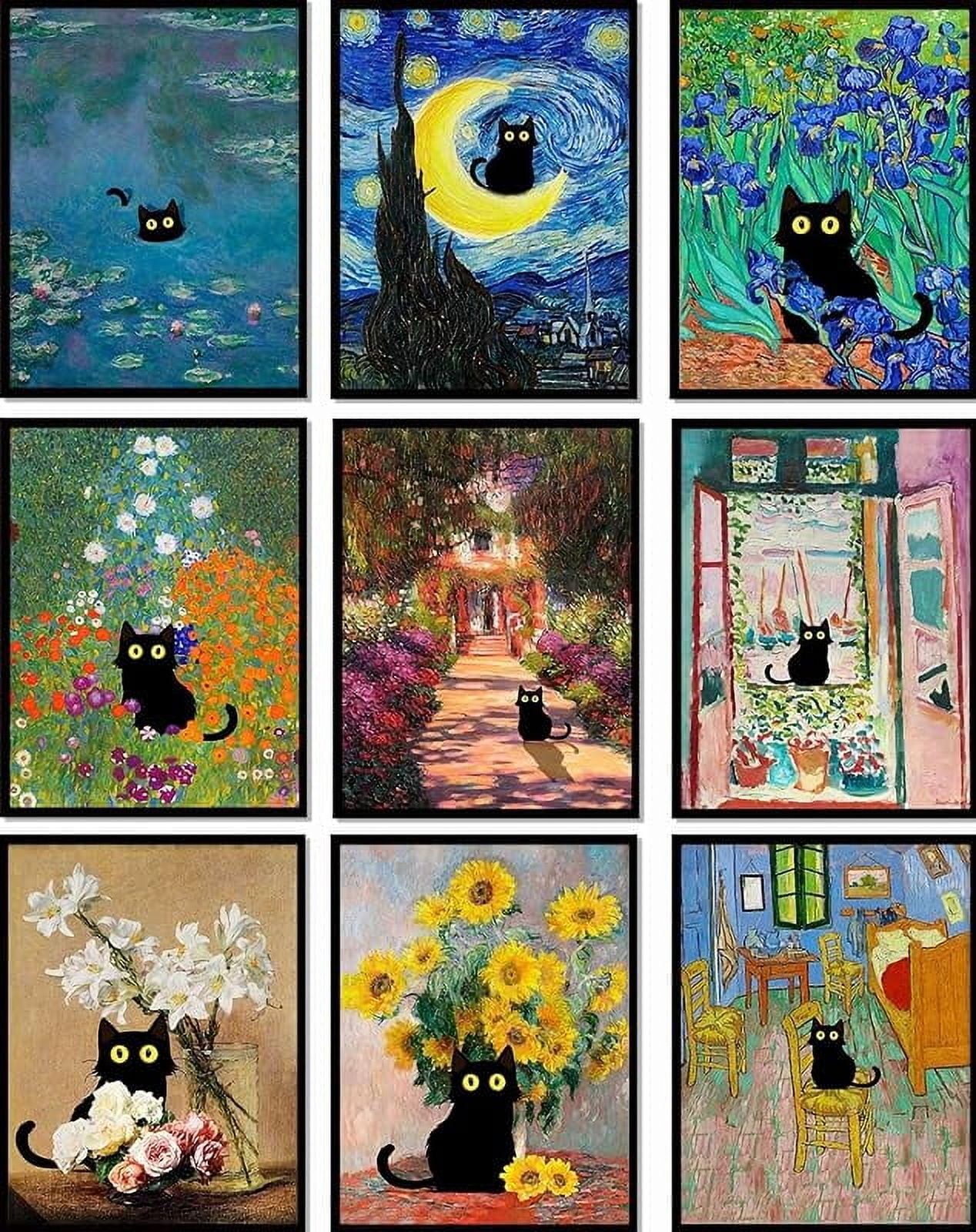 9Pcs Funny Black Cat Wall Art Cats in Famous Paintings Posters Prints ...