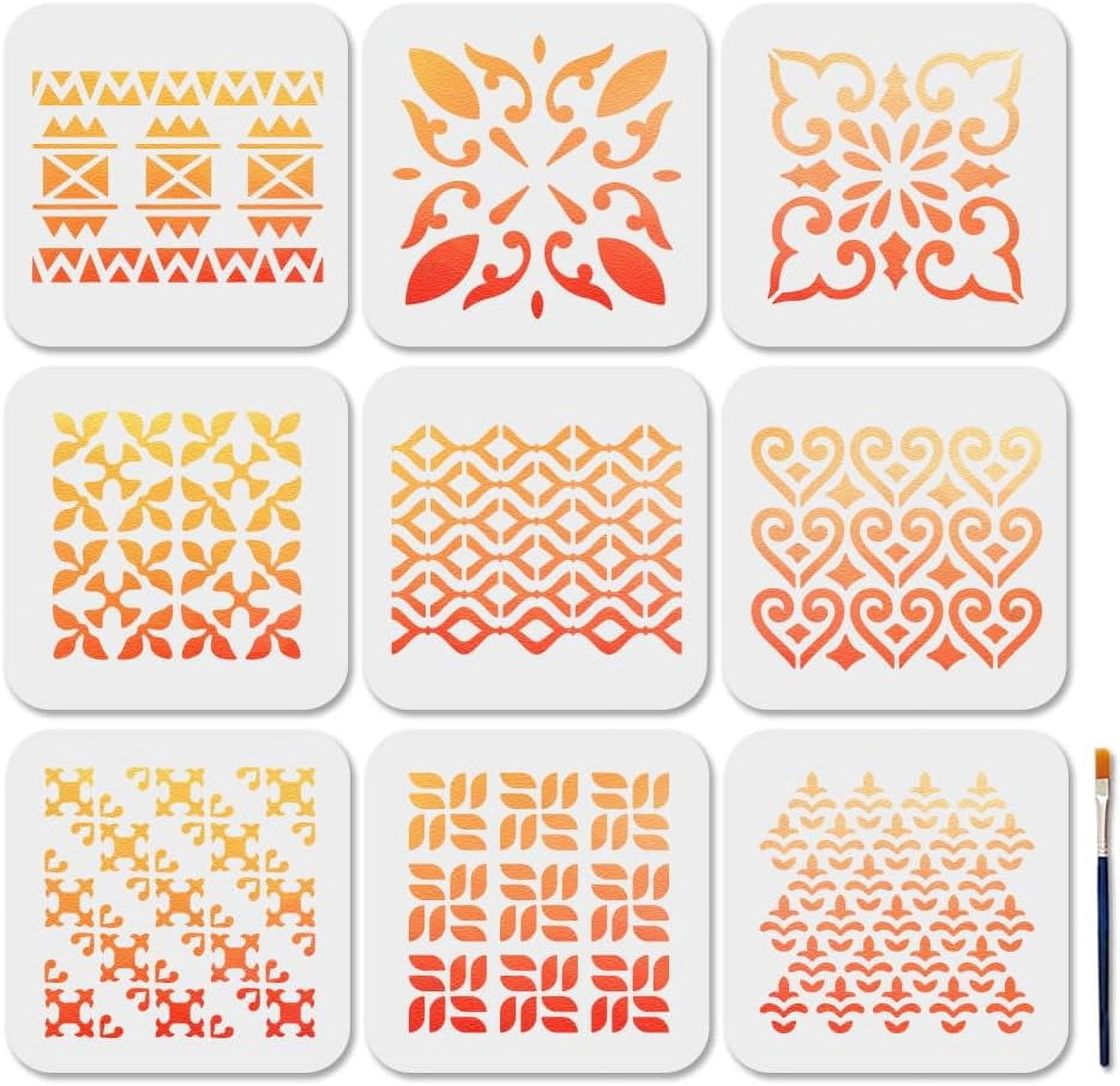 9Pcs Geometric Background Stencils 5.9×5.9inch with Paint Brush Floral ...