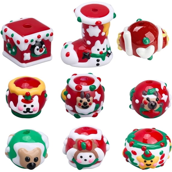 9Pcs Hand Painted Beads Acrylic Christmas Bead Bulk Red Green Winter ...