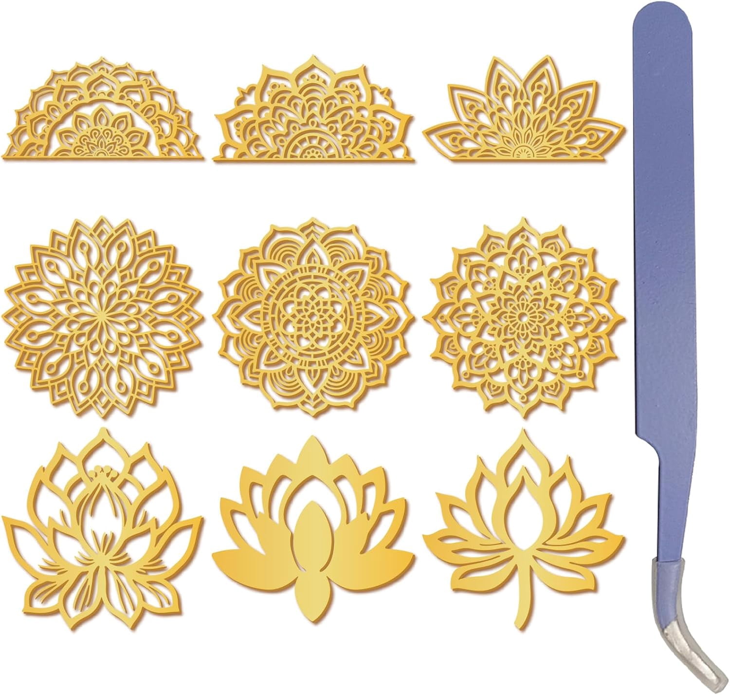 9Pcs Mandala Gold Metal Stickers with Tweezer 1.5in Lutos Flower Decal ...