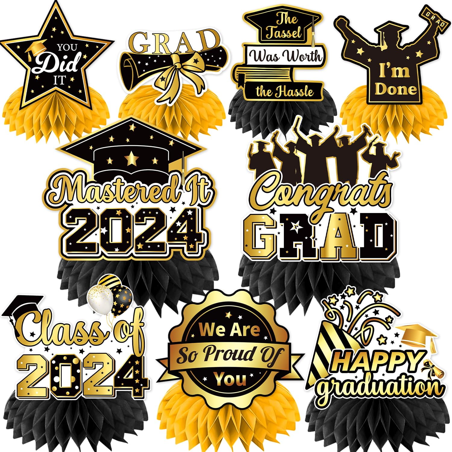 9Pcs Masters Graduation Decorations Honeycomb Centerpiece, 3D Black ...