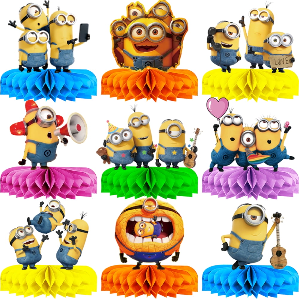 9Pcs Minions Theme 3D Double Side Honeycomb Centerpieces Table Toppers ...