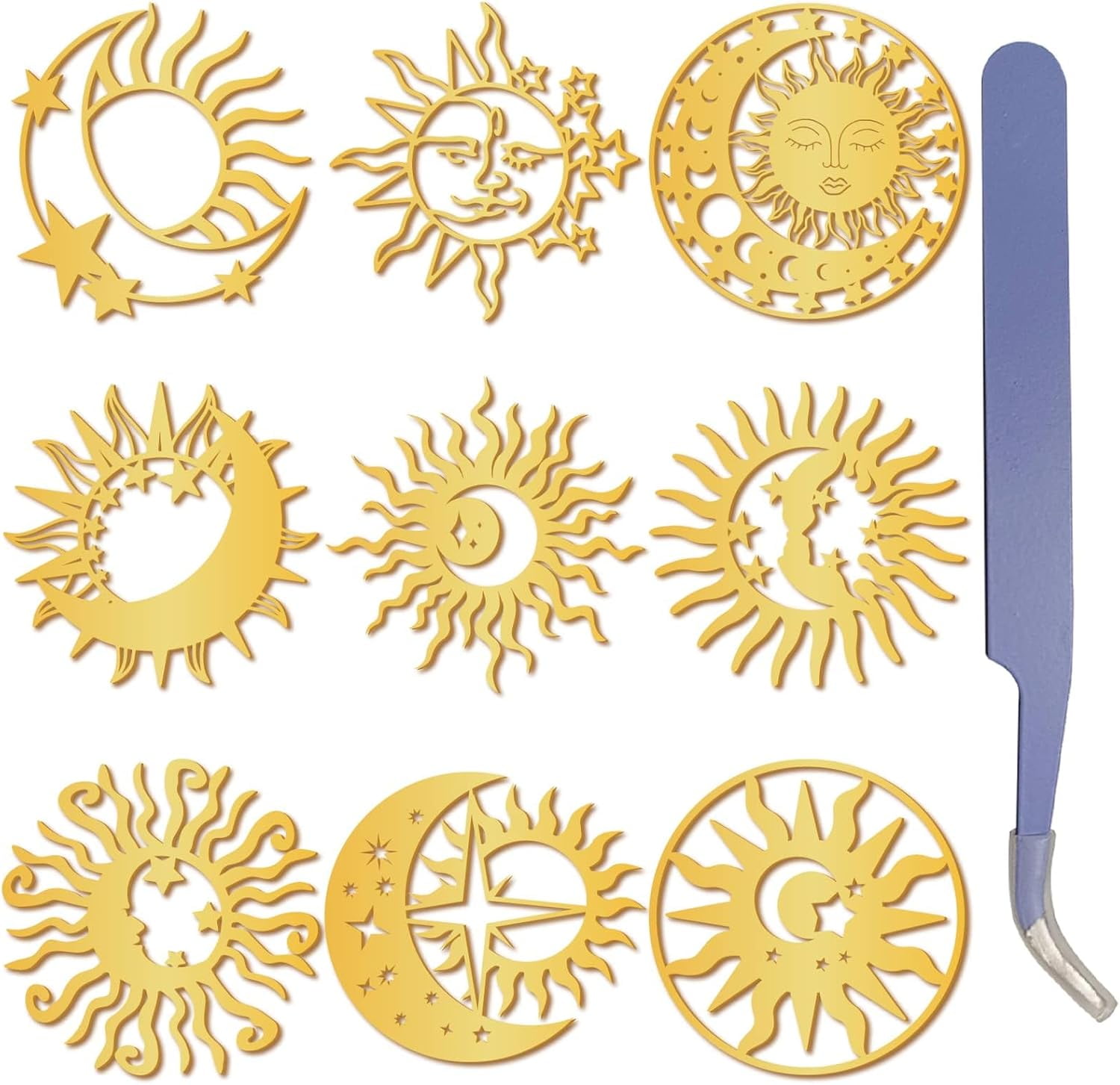 9Pcs Moon Orgonite Stickers Gold Metal Sticker with Tweezer Boho Golden ...