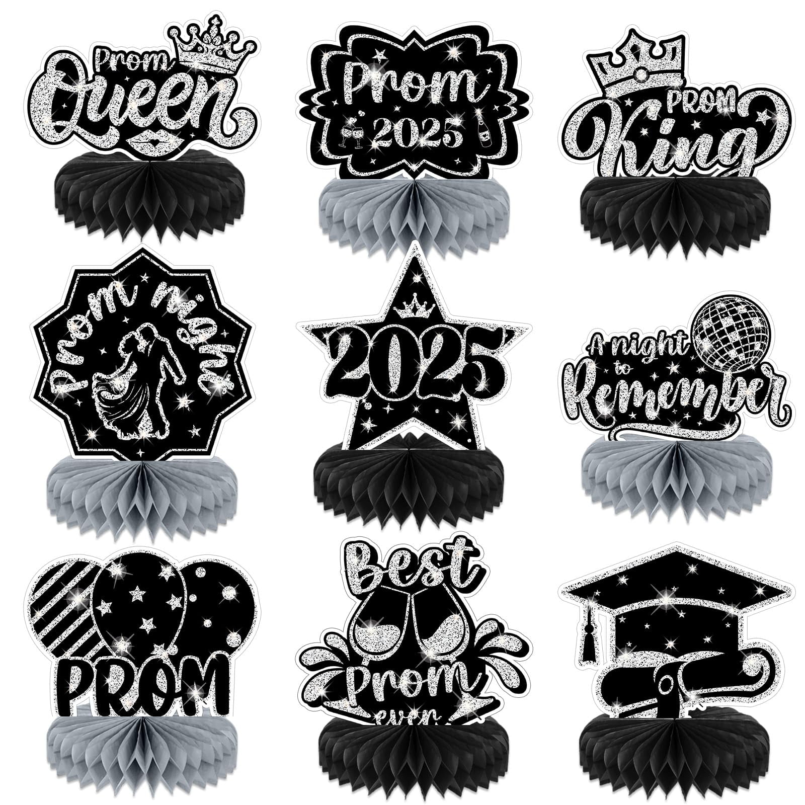 9Pcs Prom Night Honeycomb DHF10 Centerpieces Black Silver Prom Table ...