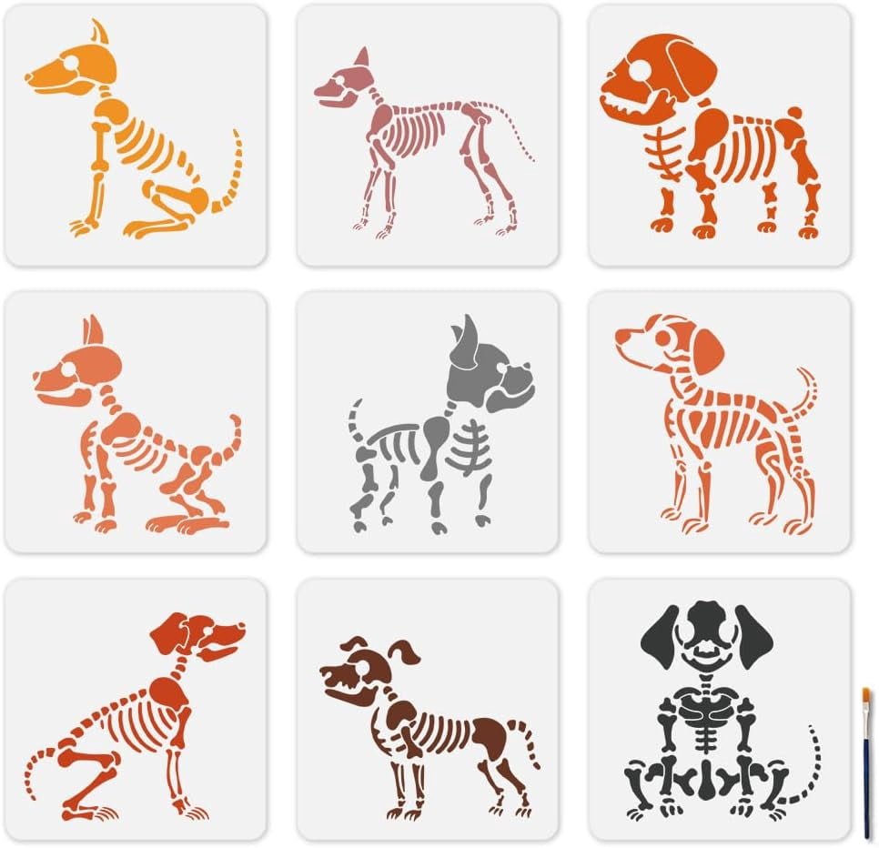 9Pcs Skeleton Dog Stencil Undead Puppy Fossil Art Craft Stencils 11.8× ...