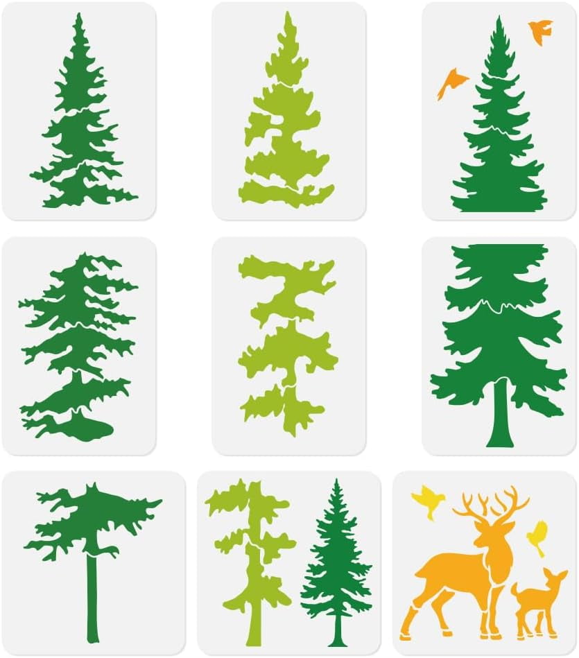 9Pcs Spliced Christmas Pine Trees Deers Large Wall Stencils A4 Size ...