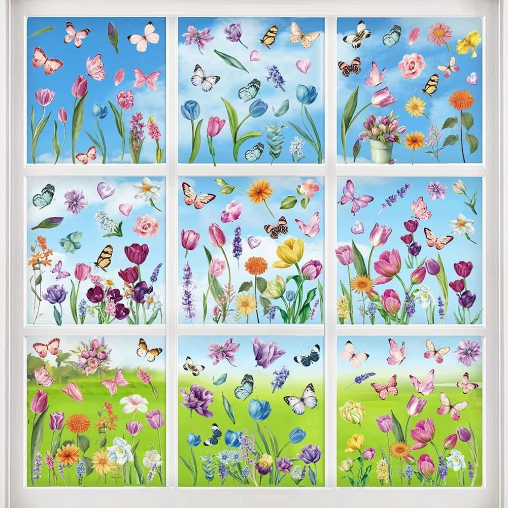 9Pcs Spring Flowers Window Sticker 301x201.5x0.2mm PVC Tulip Butterfly ...