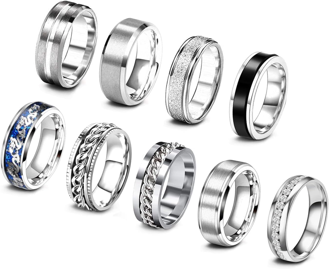 9Pcs Stainless Steel Band Rings for Men Women Cool Fidget Spinning ...