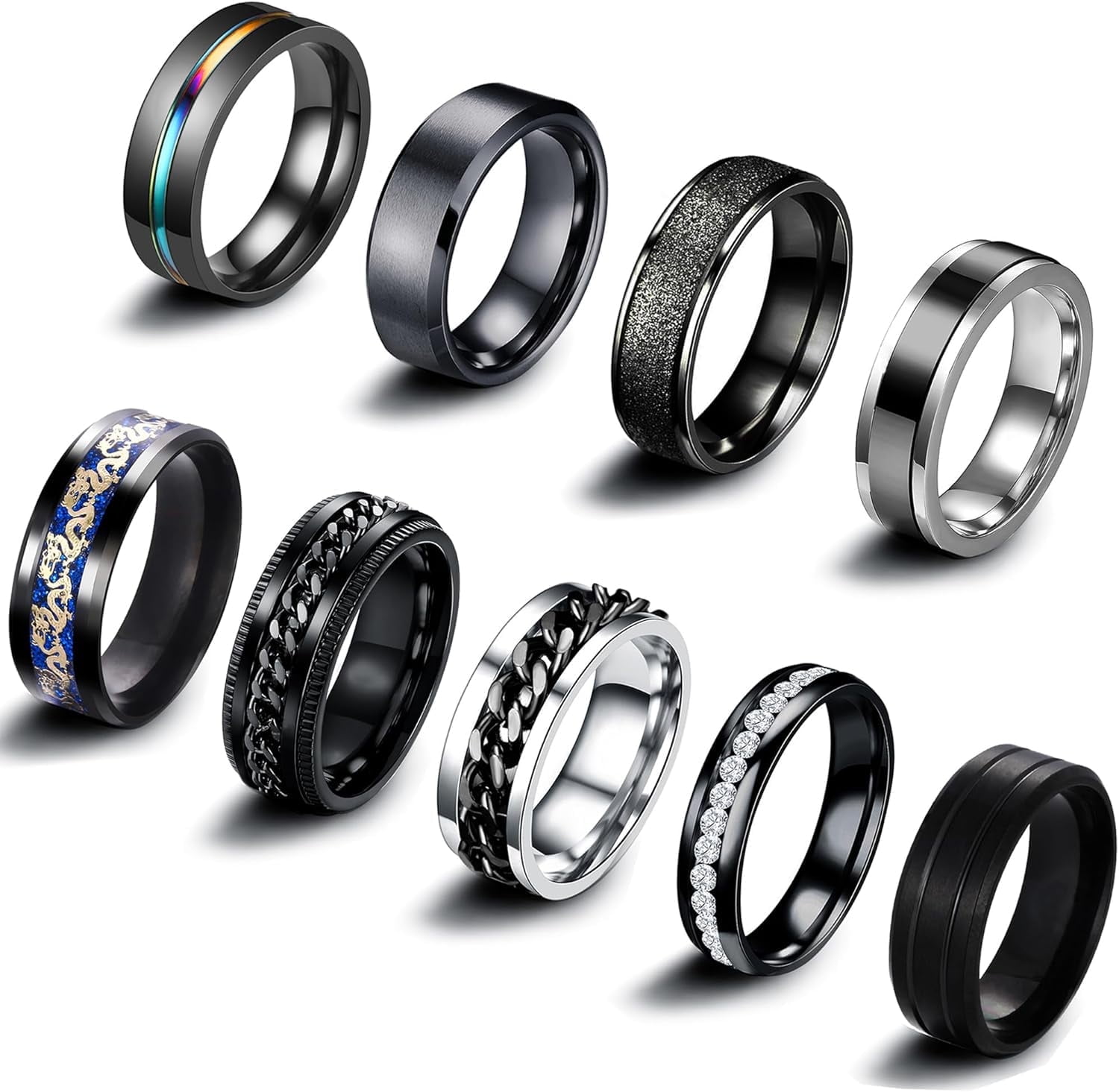 9Pcs Stainless Steel Band Rings for Men Women Cool Fidget Spinning ...