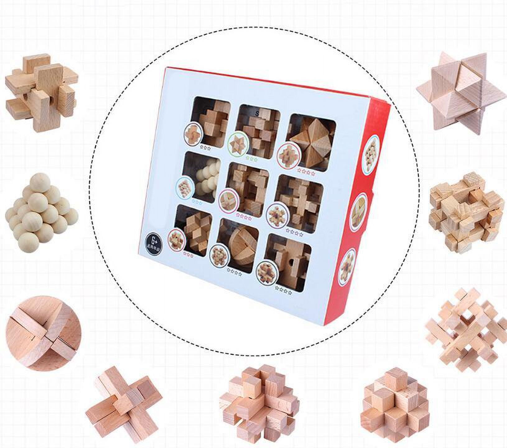9Pcs Wooden Brain Teaser Puzzle IQ Test Toy Kong Ming Lock Puzzle ...