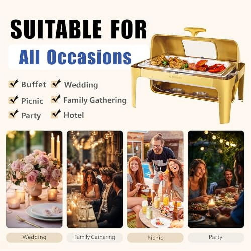 9QT Gold Roll Top Chafing Dish Buffet Set, Rectangular SS201 Stainless Steel Buffet Catering ...