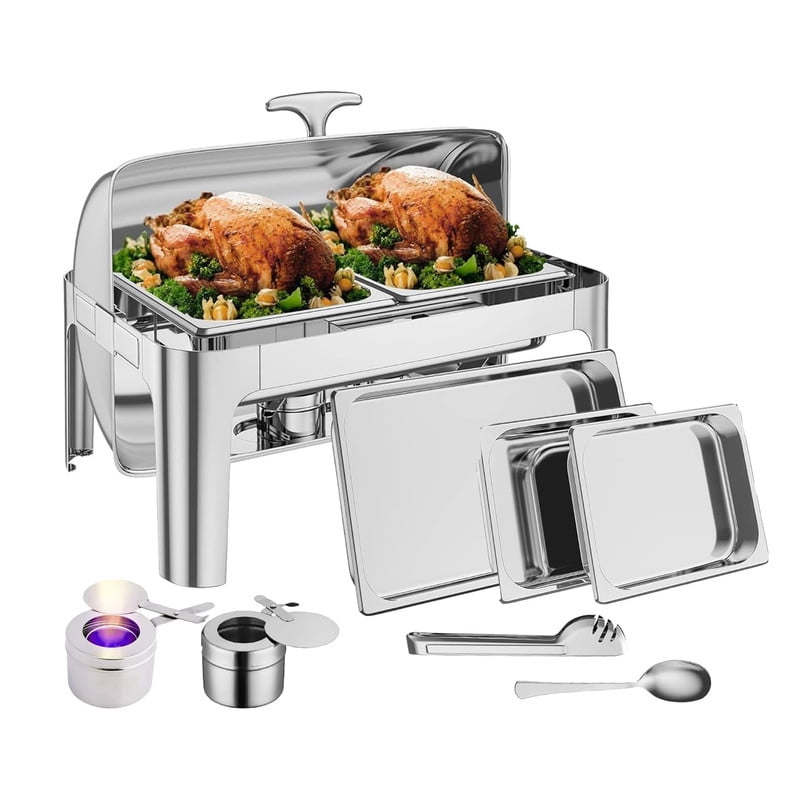 9QT Roll Top Chafing Dish Buffet Set, Food-Grade Stainless Steel Chafer ...