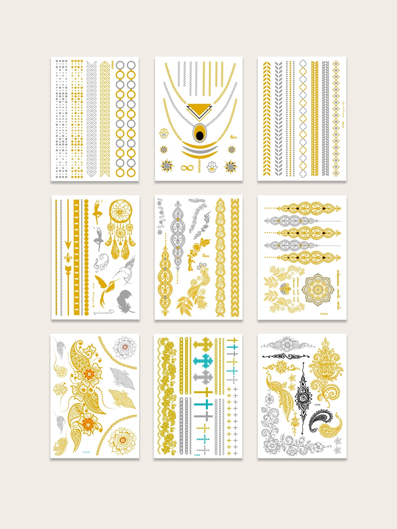 9Sheets Gold Temporary Tattoos,Henna Designs Tattoos,Flash Gold Tattoos ...